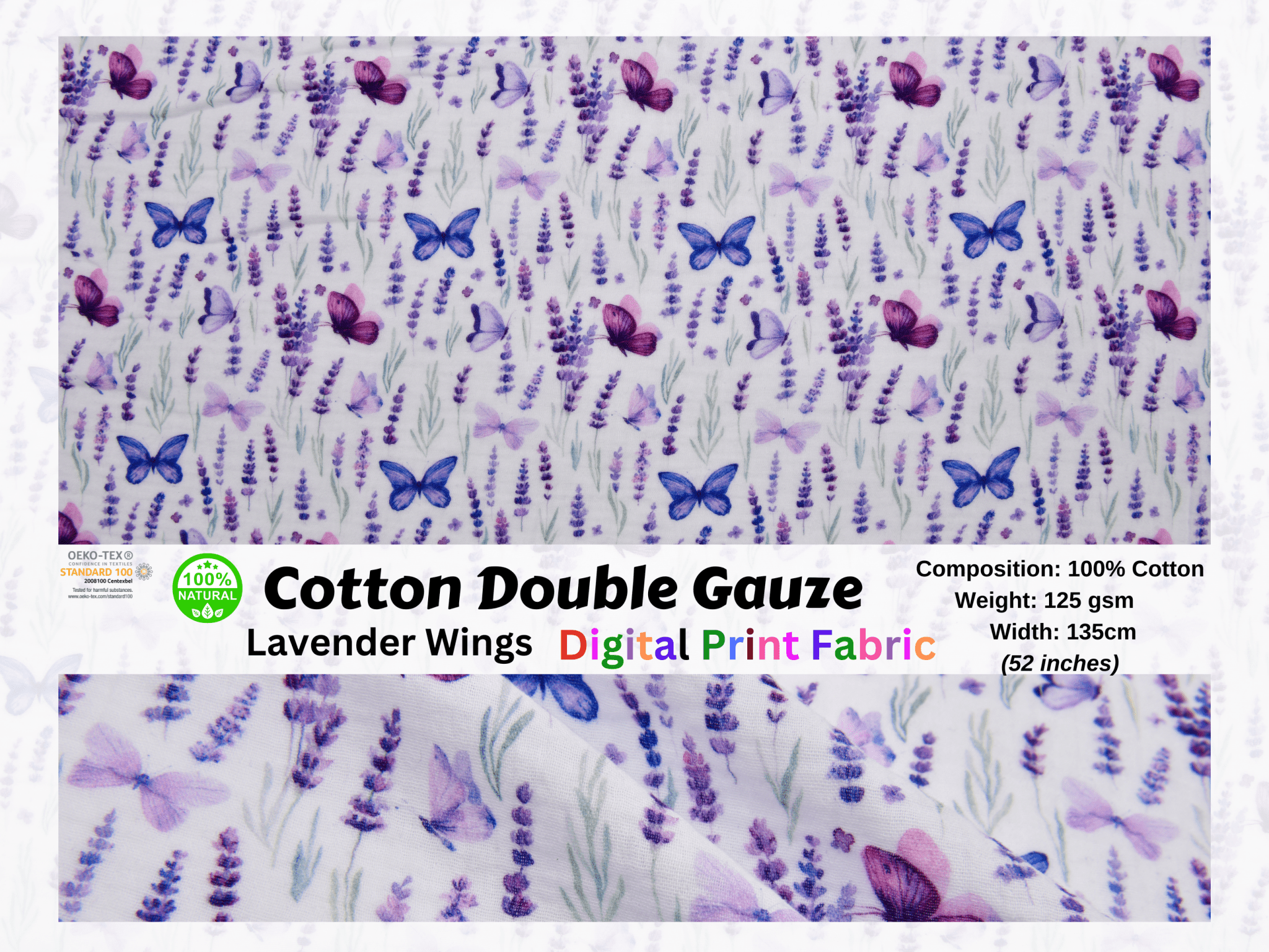 100% Cotton Double Gauze /Muslin Lavender Wings Digital Prints Fabric ...