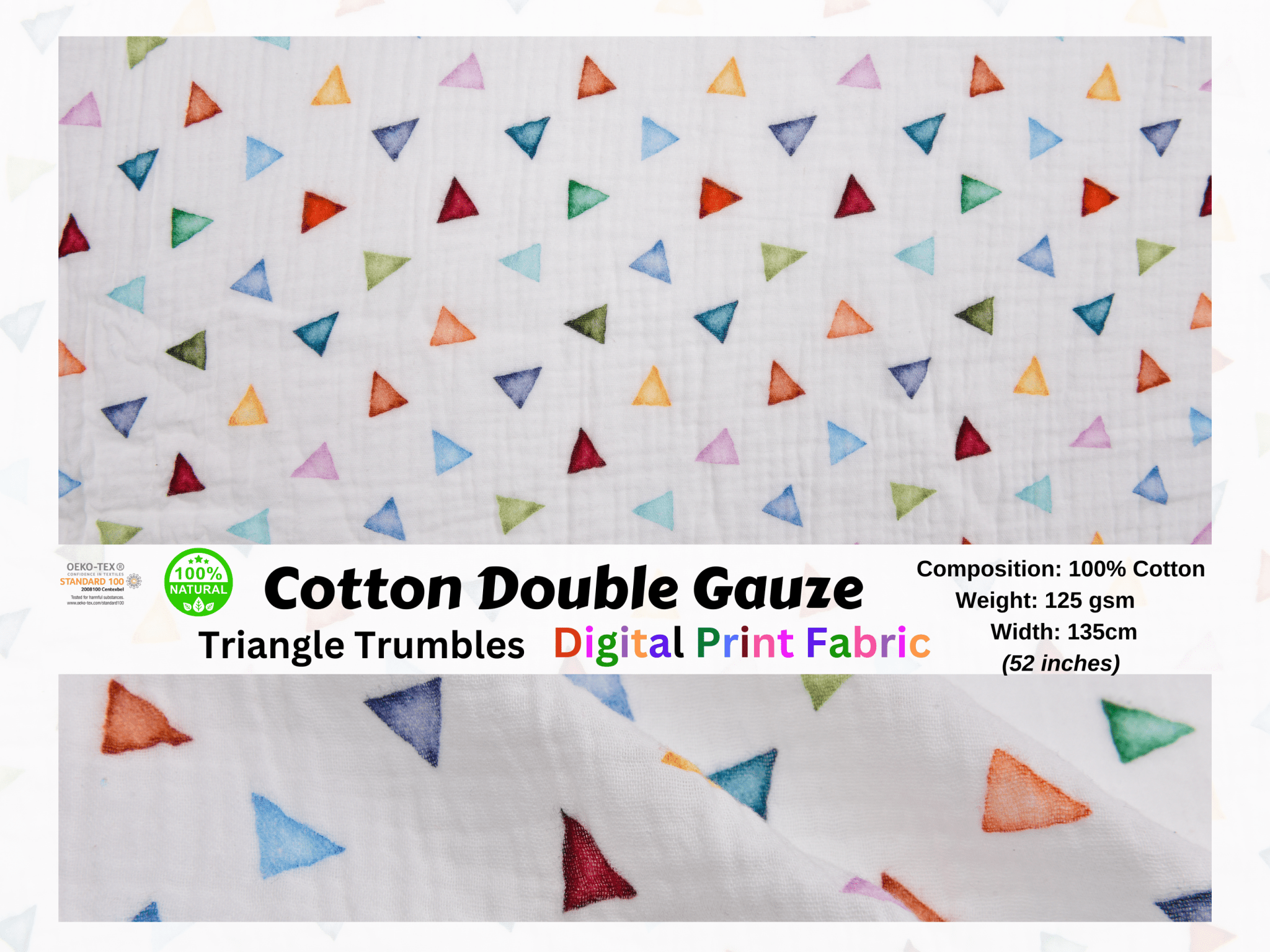 100% Cotton Double Gauze /Muslin Triangle Trumbles Digital Prints Fabr ...
