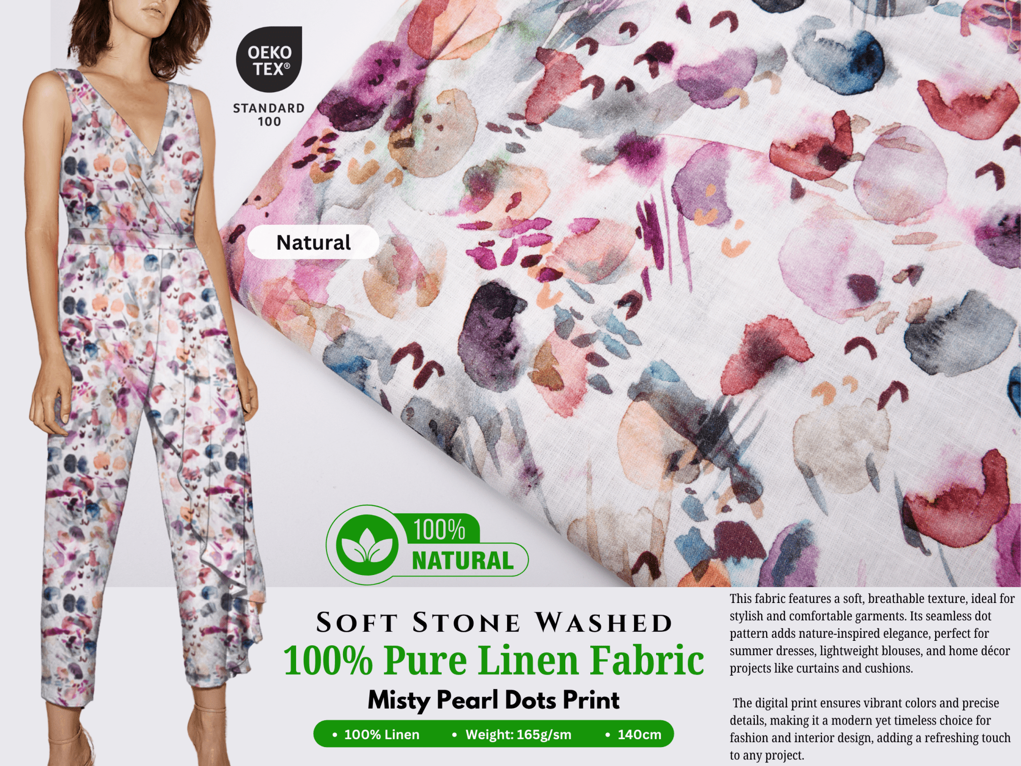 100% Pure Linen Stonewashed Misty Pearl Dots Print Fabric - 20824 – G.k ...