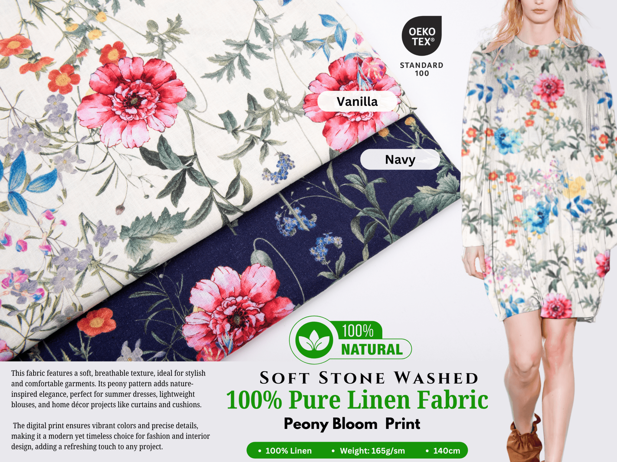 100% Pure Linen Stonewashed Peony Bloom Print Fabric - 20822 – G.k ...