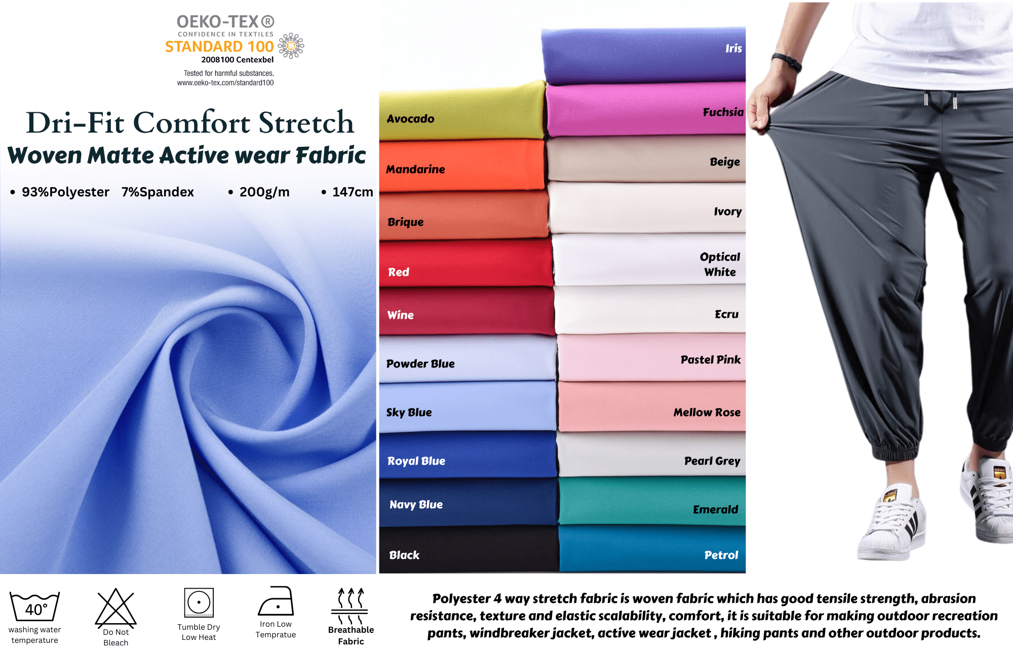 Dri-Fit Stretch Woven Matte Active wear Fabric / Athletic Wicking Fabr ...