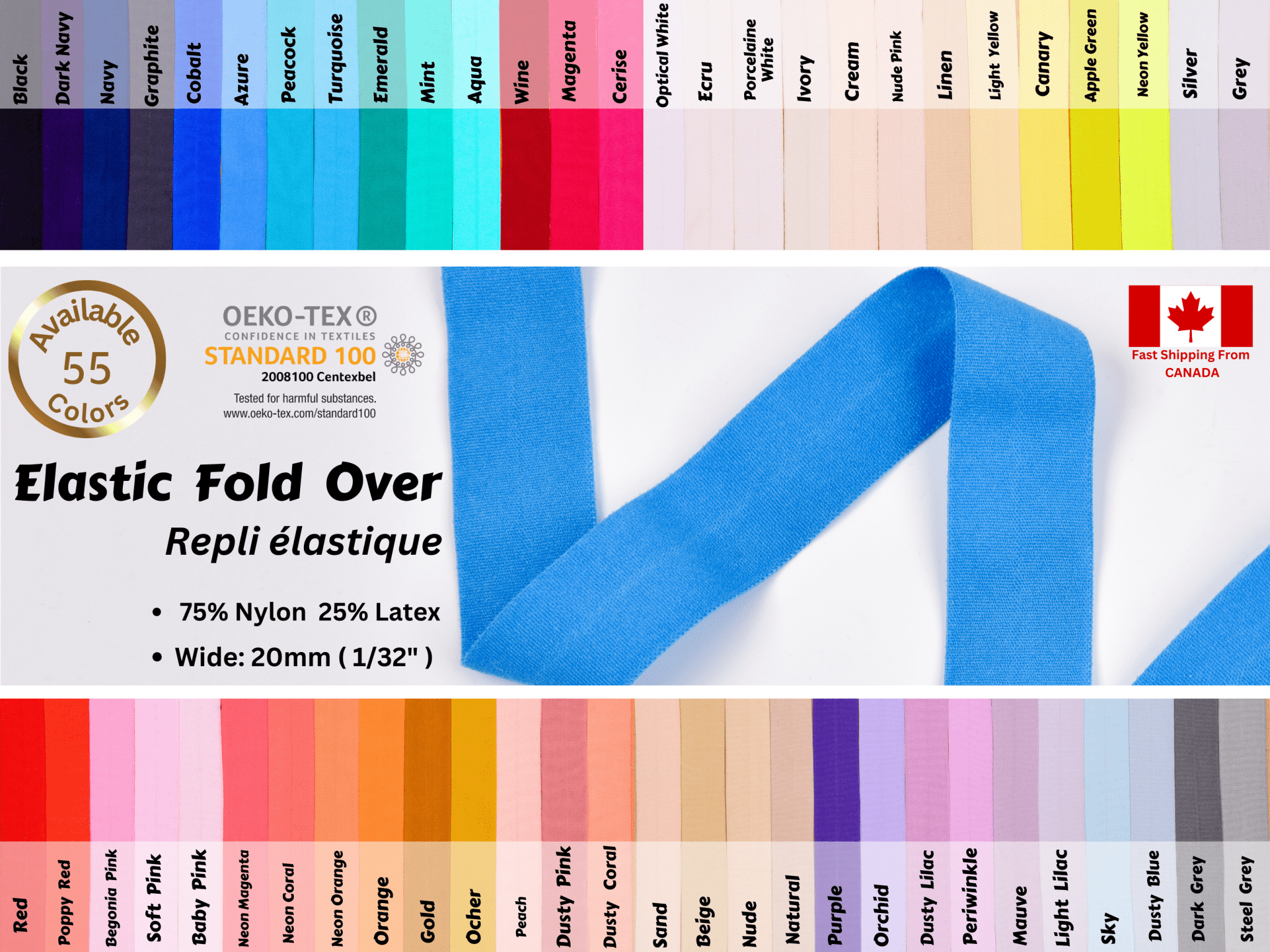 Elastic Fold Over ,Matte, 3/4", 20mm , 5 yards pack, Dancewear, Linger ...