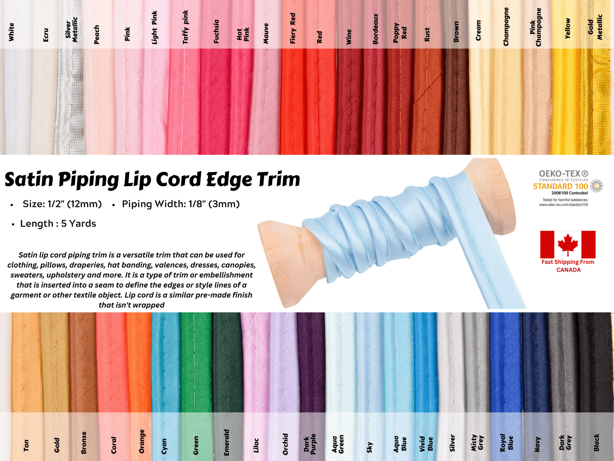 12mm Satin Piping Lip Cord Edge Trim - 3mm Width – G.k Fashion Fabrics