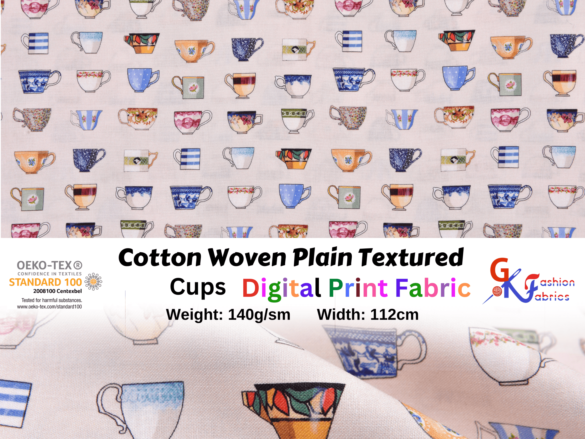 Quilted Cotton Woven Plain Textured Cups Digital Print Fabric - D#29 ...