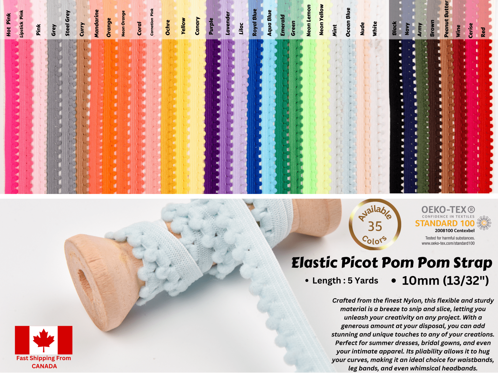 Elastic Picot Pom Pom Strap - 10mm (13/32") - 5 Yards Pack – G.k ...