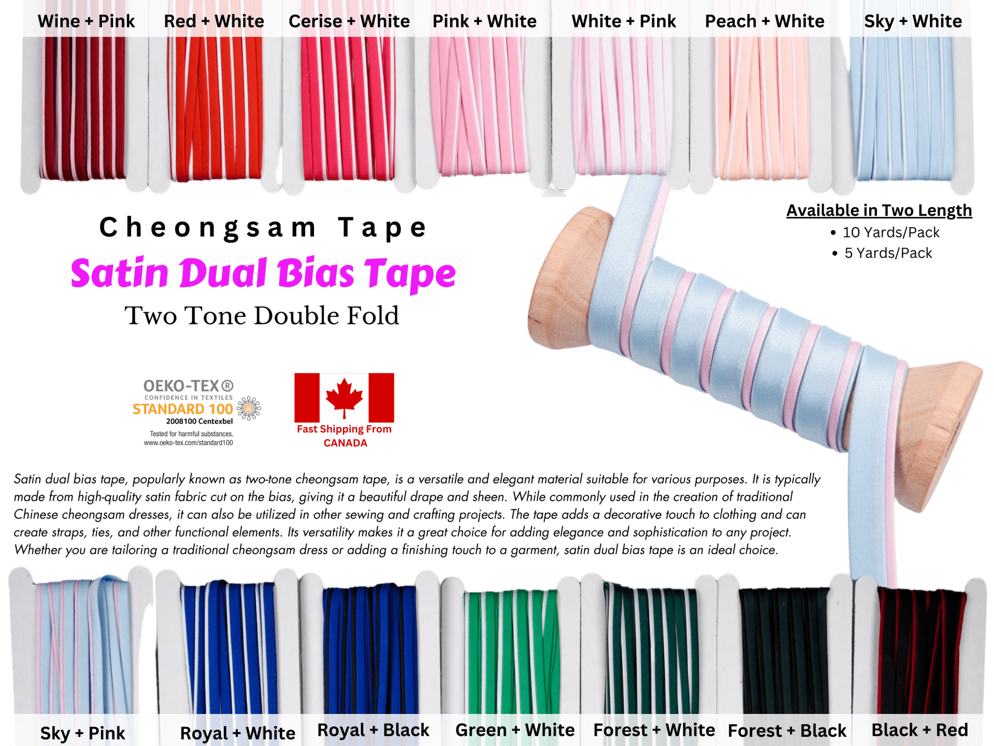 Satin Dual Bias Cheongsam Tape - Two Tone Double Fold - 10mm – G.k ...